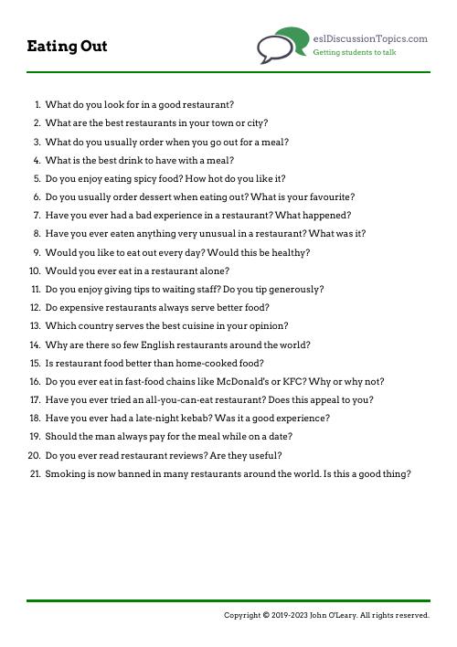 Eating Out General English Questions